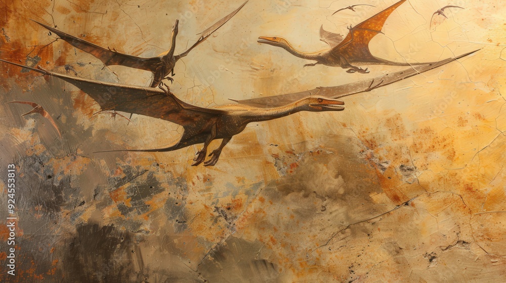 Artistic depiction of prehistoric flying reptiles, showing pterosaurs ...
