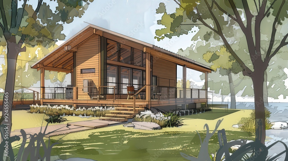 Artistic representation of a blueprint for a vacation cabin, featuring ...