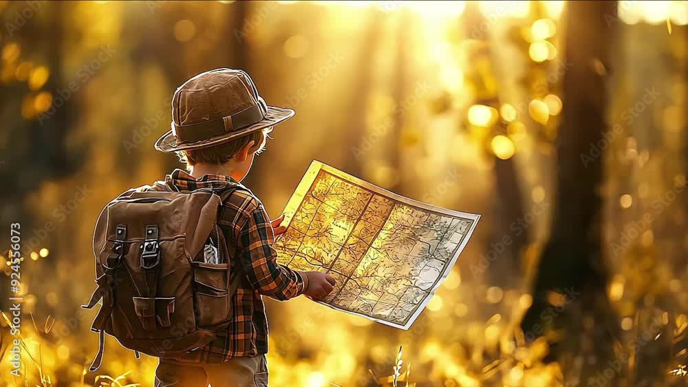 Young boy kid participating to a treasure hunt holding the treasure map ...