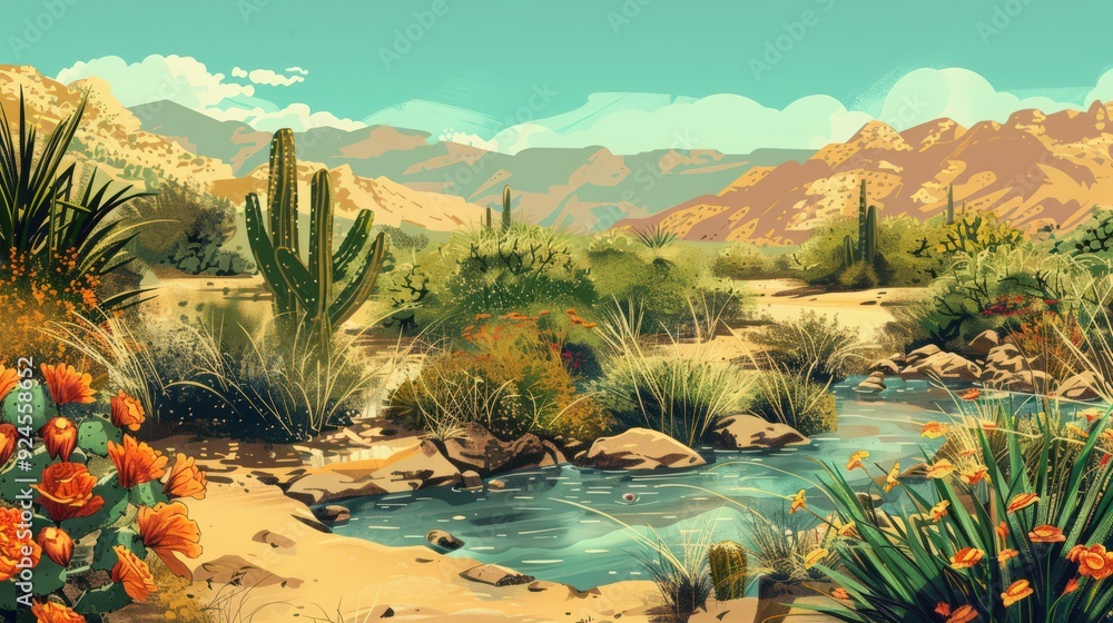 Illustration of a desert oasis ecosystem, highlighting the unique flora ...