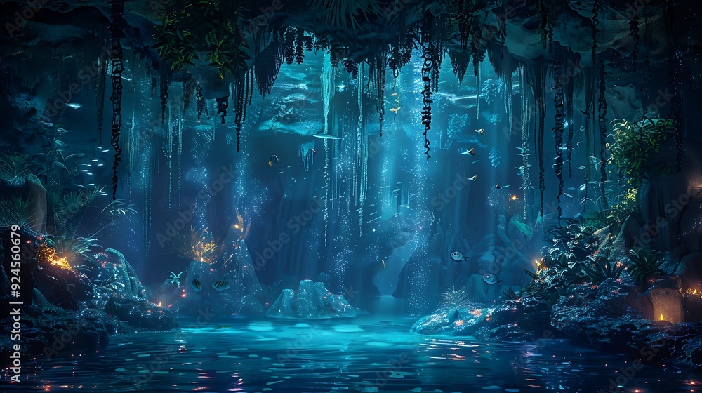 An aquarium designed as a mystical cavern, featuring dark cave ...