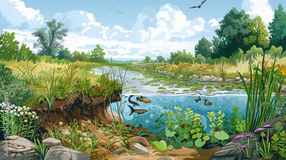 Illustration of a riparian ecosystem, showing the transition zone ...