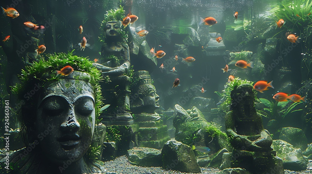 An aquarium designed as an ancient ruins scene, with moss-covered ...