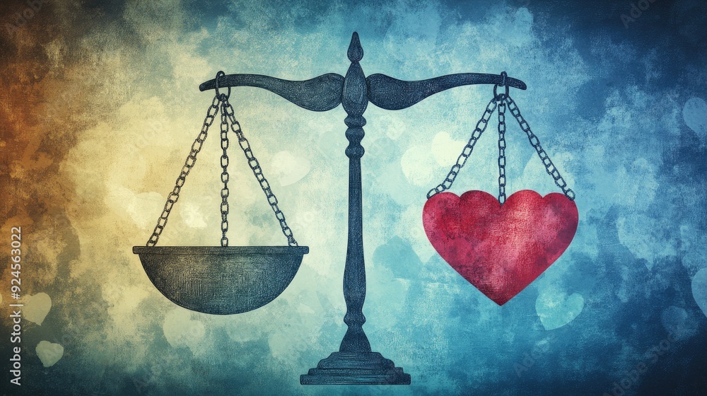Scales of justice balanced with symbols of love and equality ...