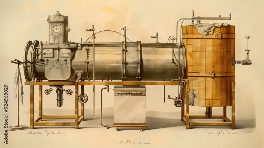 Illustration of the early washing machine, showing its drum, agitator ...