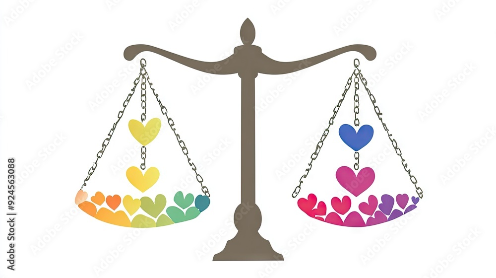 Scales of justice with balanced symbols of equality and love ...