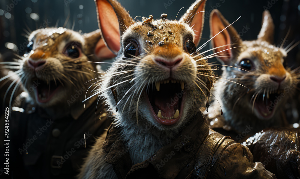 Three rabbits are standing in a dark room with one of them having its ...