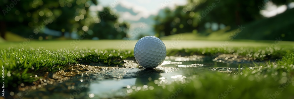 A close-up of a golf ball in a small puddle on a lush green golf course ...