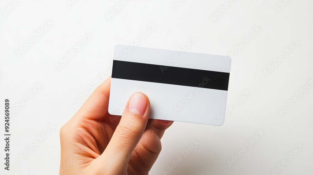 Hand displaying a credit card, business card, or voucher against a ...