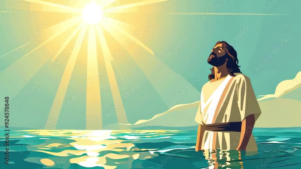 Baptism of Jesus Christ with a halo and sunlight in the Jordan River ...