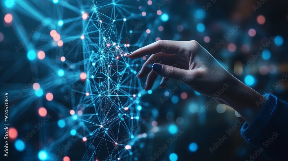 Hand interacting with a global data network structure, representing the ...