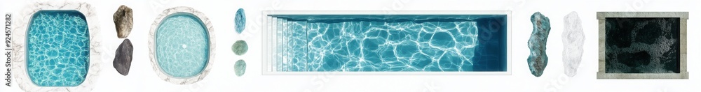 A series of images showing different types and sizes of pool materials ...