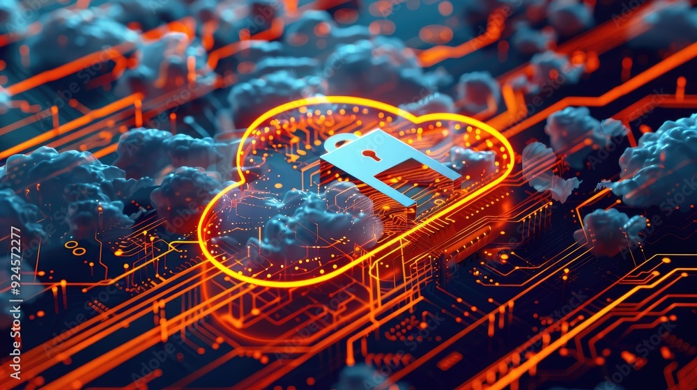 Abstract illustration of cloud security services, stylized cloud icon integrated with a secure ...