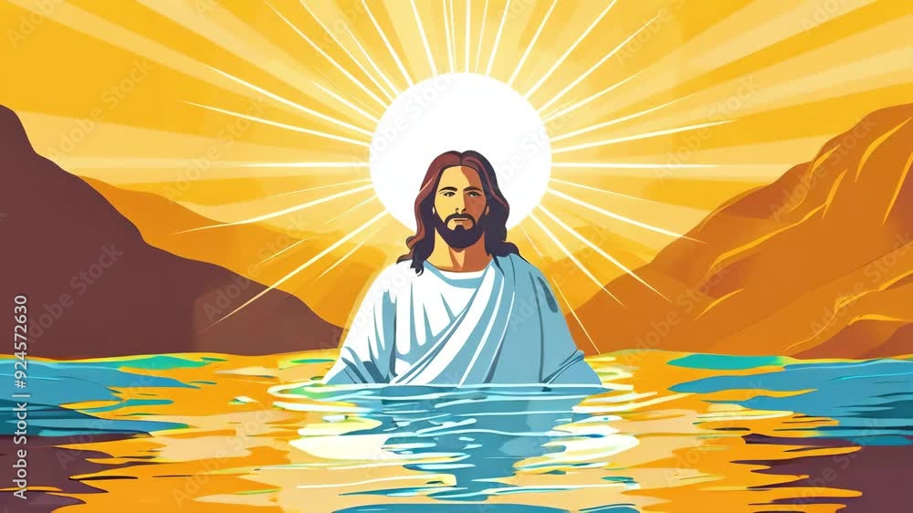 Baptism of Jesus Christ with a halo and sunlight in the Jordan River ...