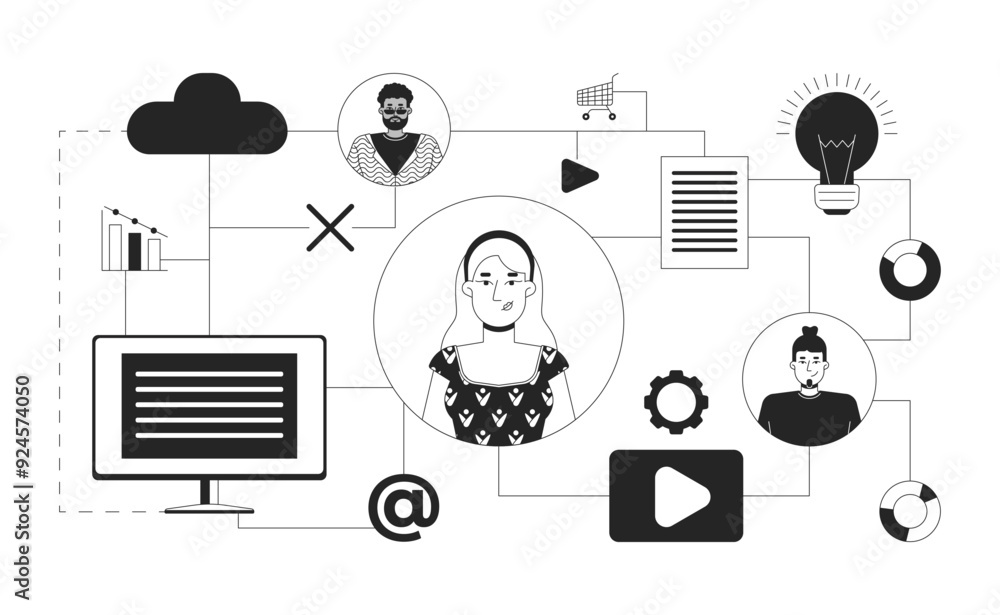 Product management marketing black and white 2D illustration concept ...