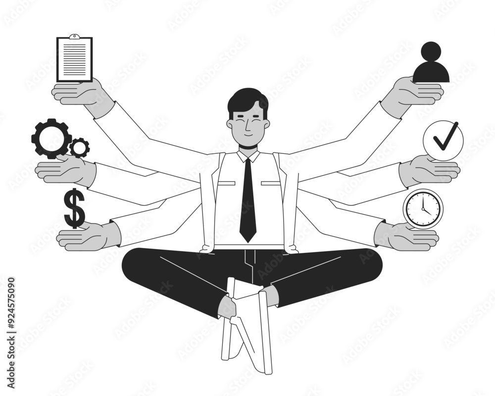 Multitasking in management black and white 2D illustration concept ...