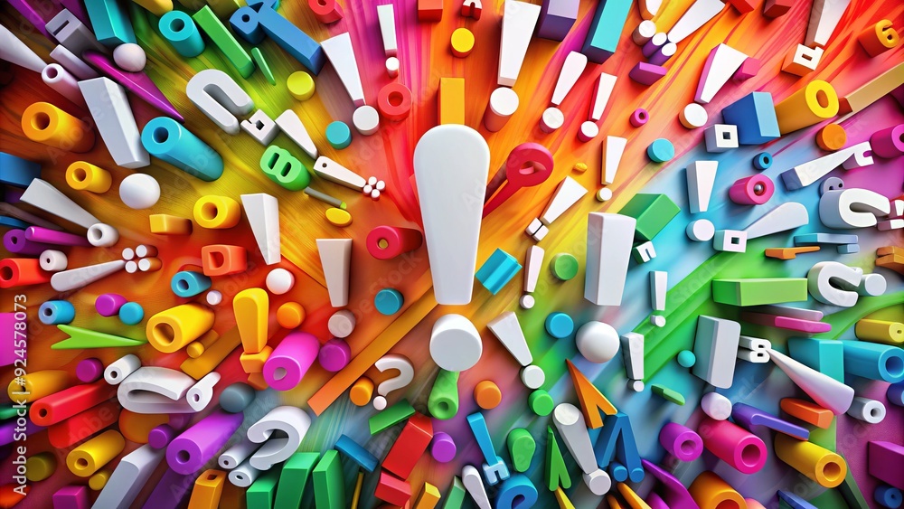Colorful exclamation marks and emphasis symbols scattered around a bold ...