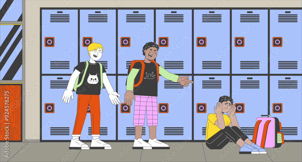 Bullying in elementary school cartoon flat illustration. Diverse ...