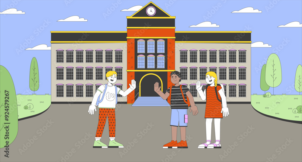 Meeting with school friends cartoon flat illustration. Hi waving ...