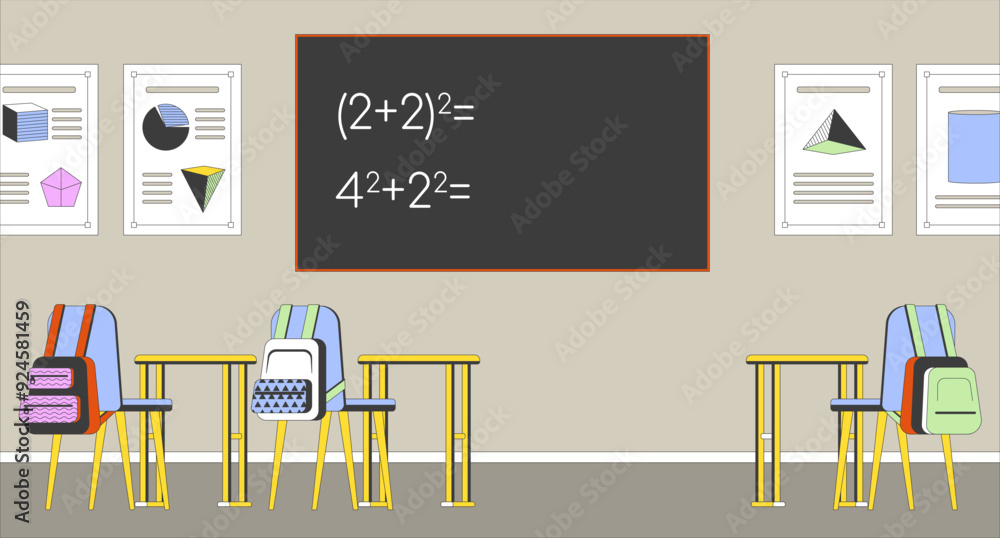 Math classroom cartoon flat illustration. Equation blackboard, desks ...