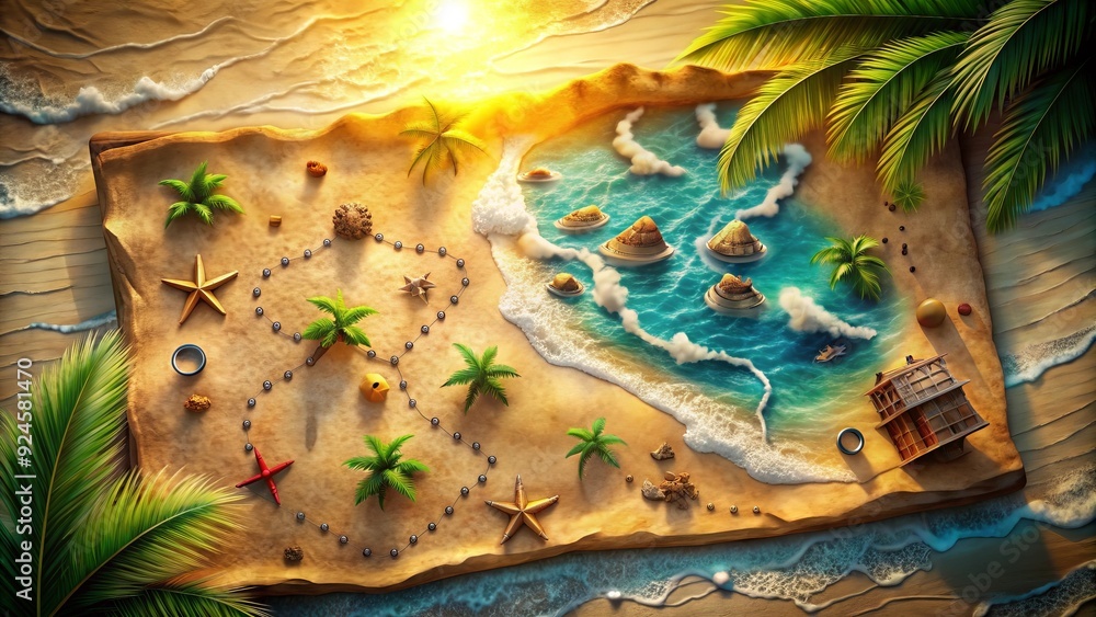 Aerial Perspective of a Treasure Map on a Sandy Beach with Palm Trees a ...