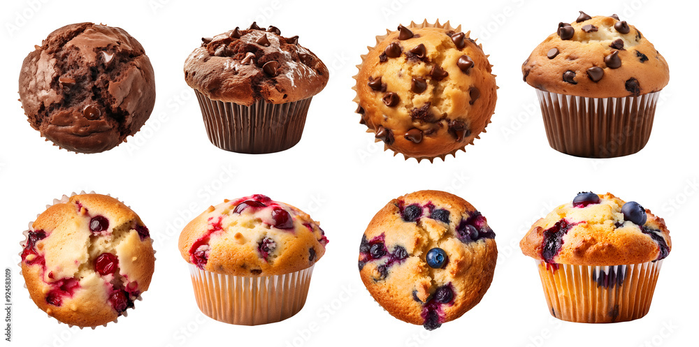 Collection of 4 muffin muffins top and front view set. Double chocolate ...