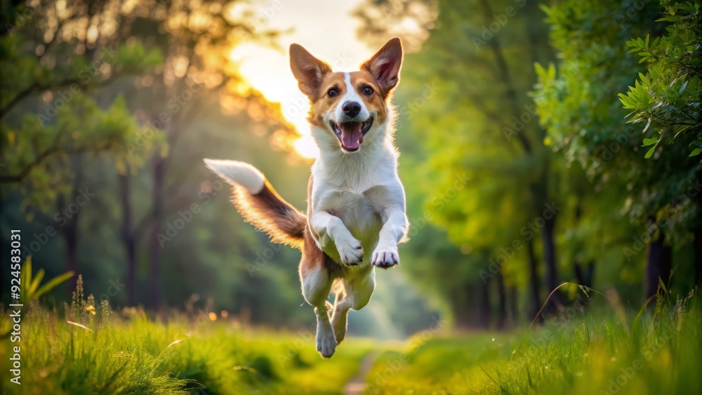 Energetic dog in mid-air, tail wagging, ears flapping, and paws splayed, capturing the joy and ...
