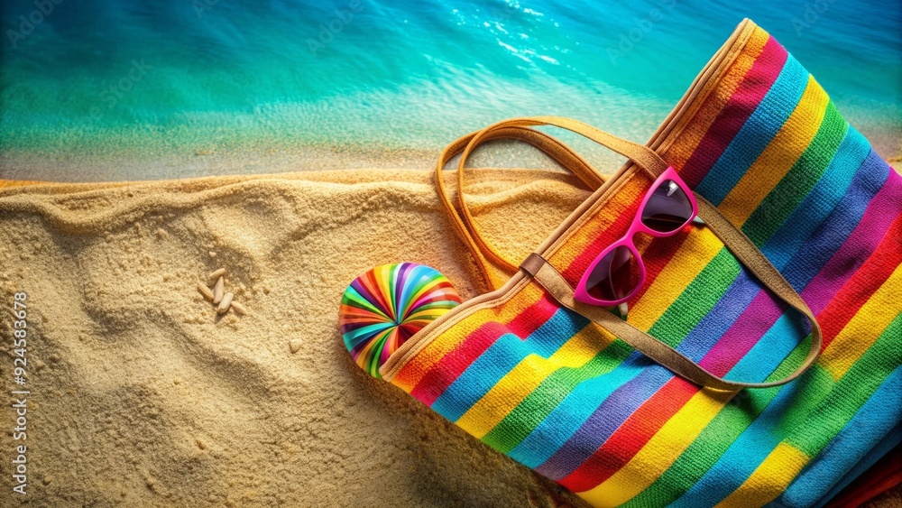 Beach Bag Essentials TopDown View of a Colorful Striped Beach Bag with ...