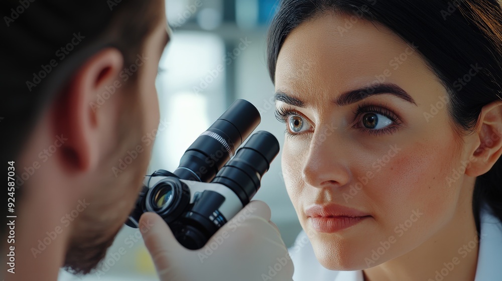 A dermatologist carefully inspects a patient's skin using a ...
