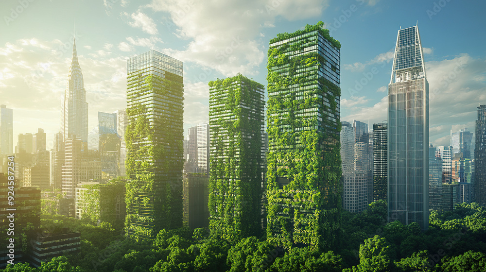 Green cityscape with skyscrapers featuring vertical gardens and solar ...
