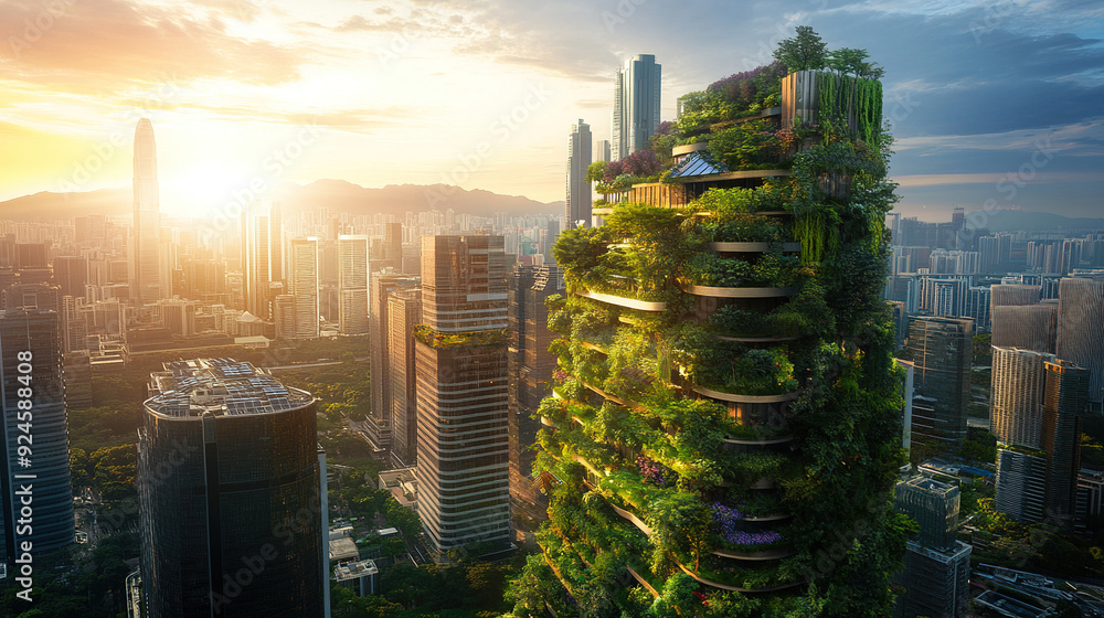 Green cityscape with skyscrapers featuring vertical gardens and solar ...