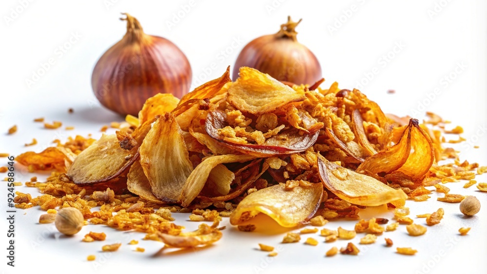 Golden caramelized onion pieces scattered against a crisp white ...