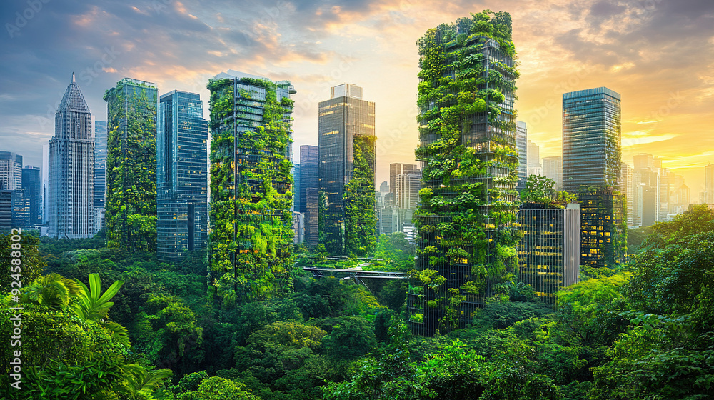 Green cityscape with skyscrapers featuring vertical gardens and solar ...