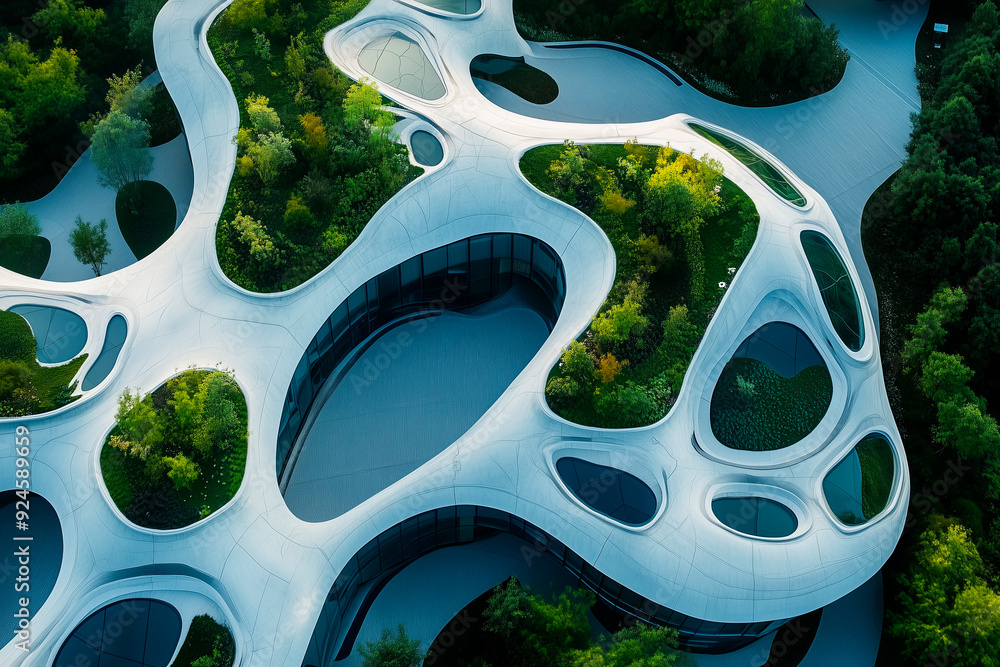 Futuristic building in a garden. Green live structure. Modern bio ...