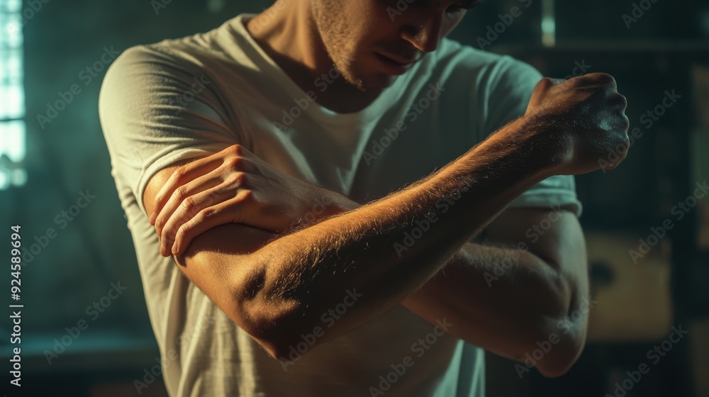 A man grimaces in pain, gripping his elbow tightly as he stands in a ...