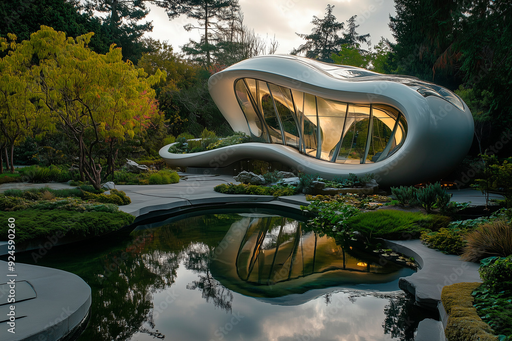 Futuristic building in a garden. Green live structure. Modern bio ...