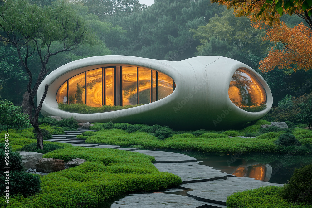 Futuristic building in a garden. Green live structure. Modern bio ...