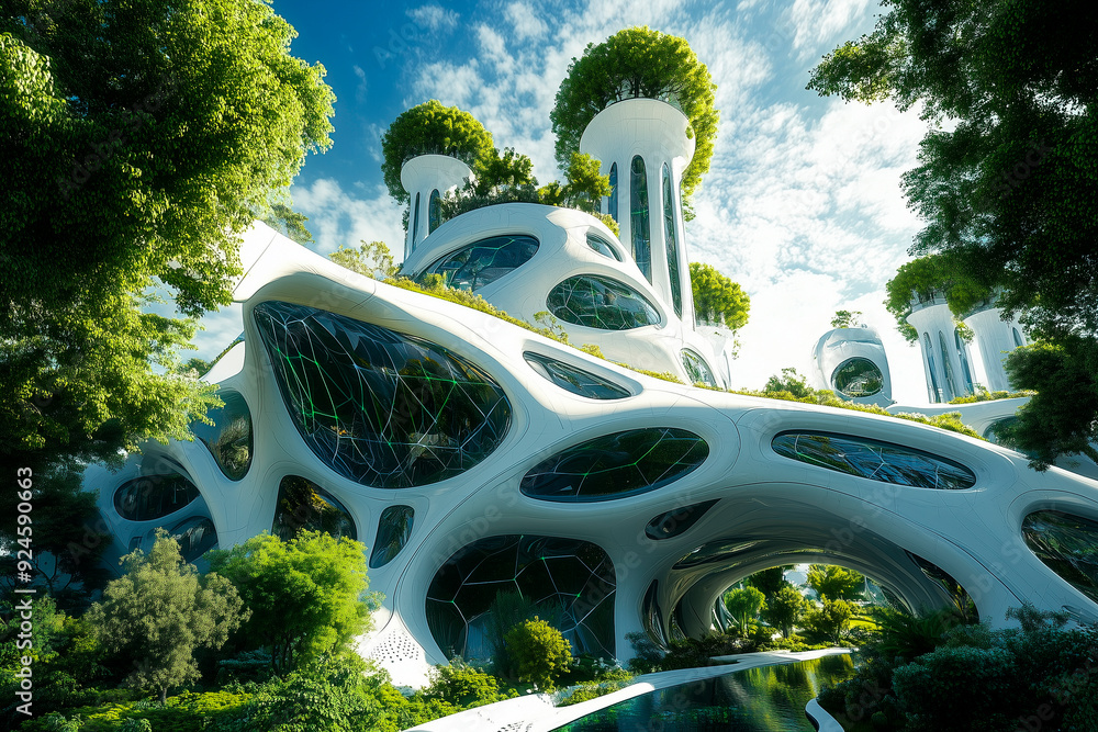 Futuristic building in a garden. Green live structure. Modern bio ...