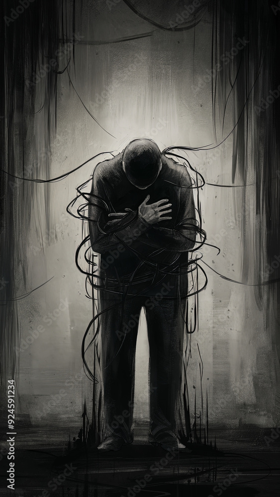 Dark illustration of a standing figure wrapped in dark wires ...