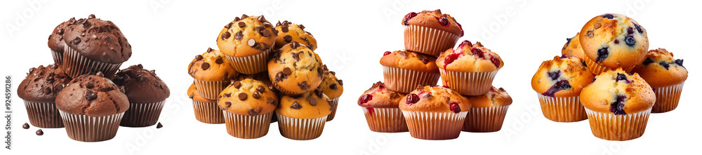Collection of 4 muffin muffins in pile stack group set. Double ...