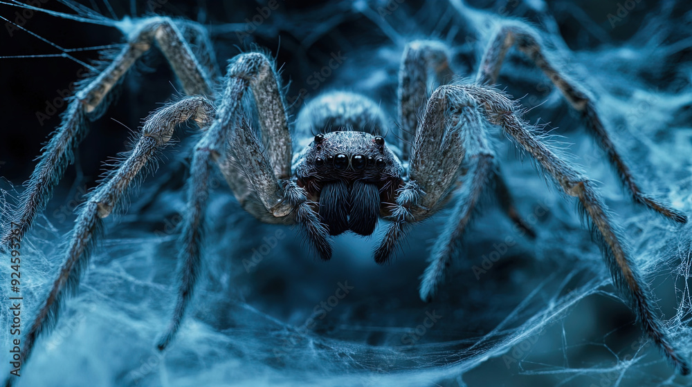 The image depicts a close-up of a spider against a dark blue and dark ...