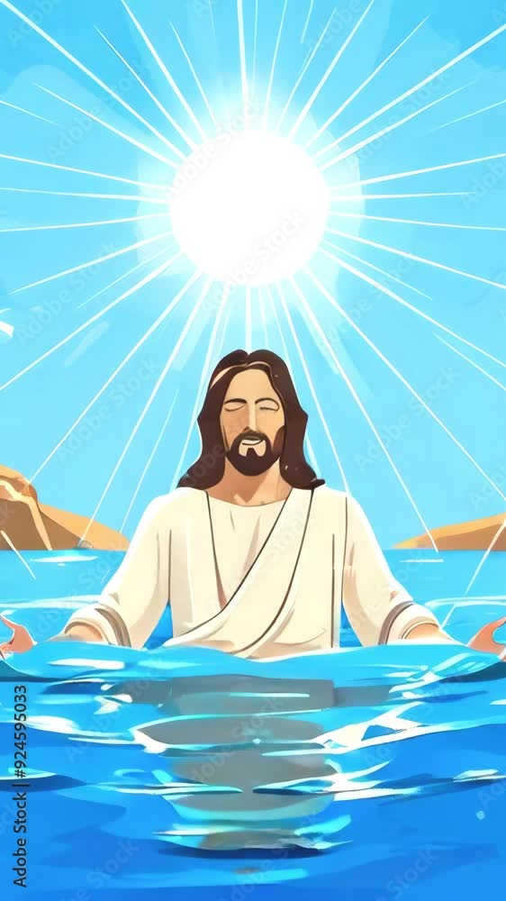 Baptism of Jesus Christ with a halo and sunlight in the Jordan River ...