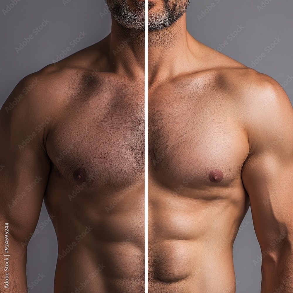 A man's chest is displayed, split into two halves, highlighting ...