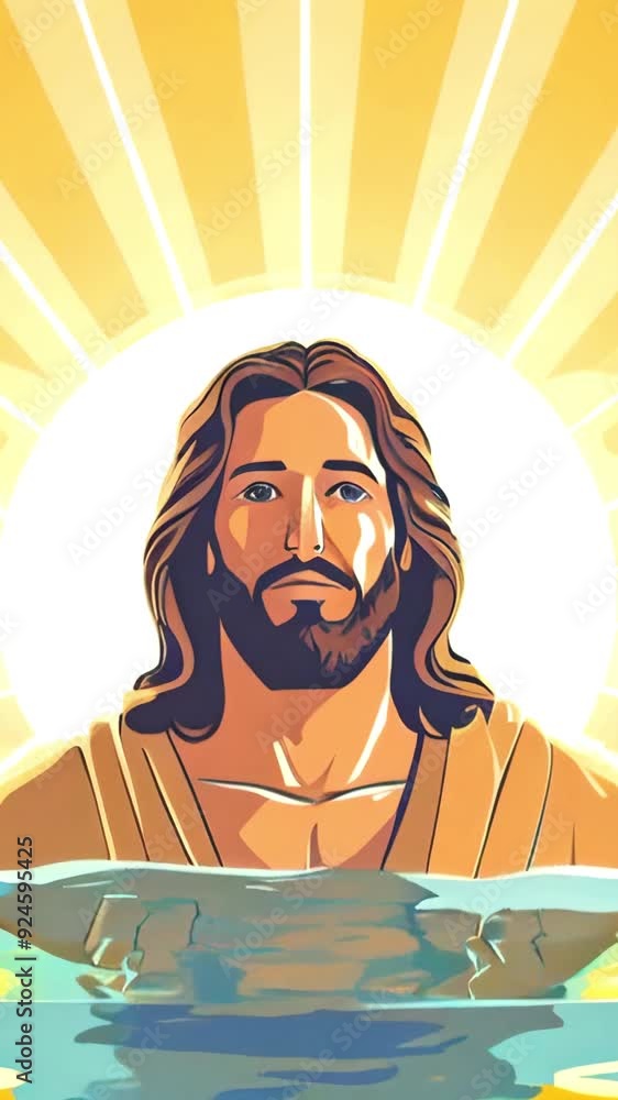 Baptism of Jesus Christ with a halo and sunlight in the Jordan River ...