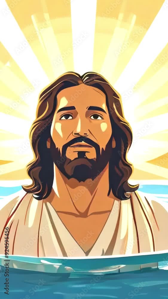 Baptism of Jesus Christ with a halo and sunlight in the Jordan River ...