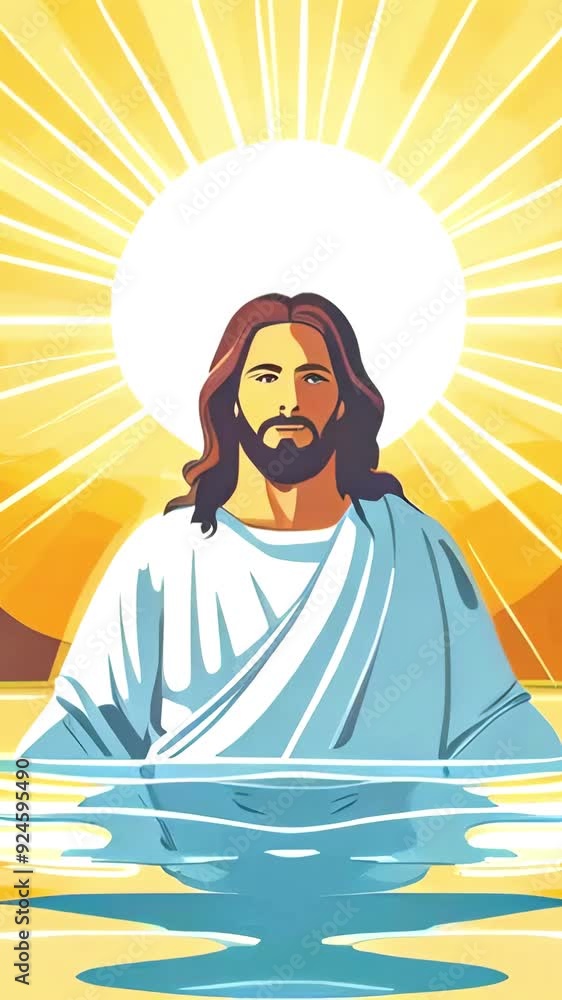 Baptism of Jesus Christ with a halo and sunlight in the Jordan River ...