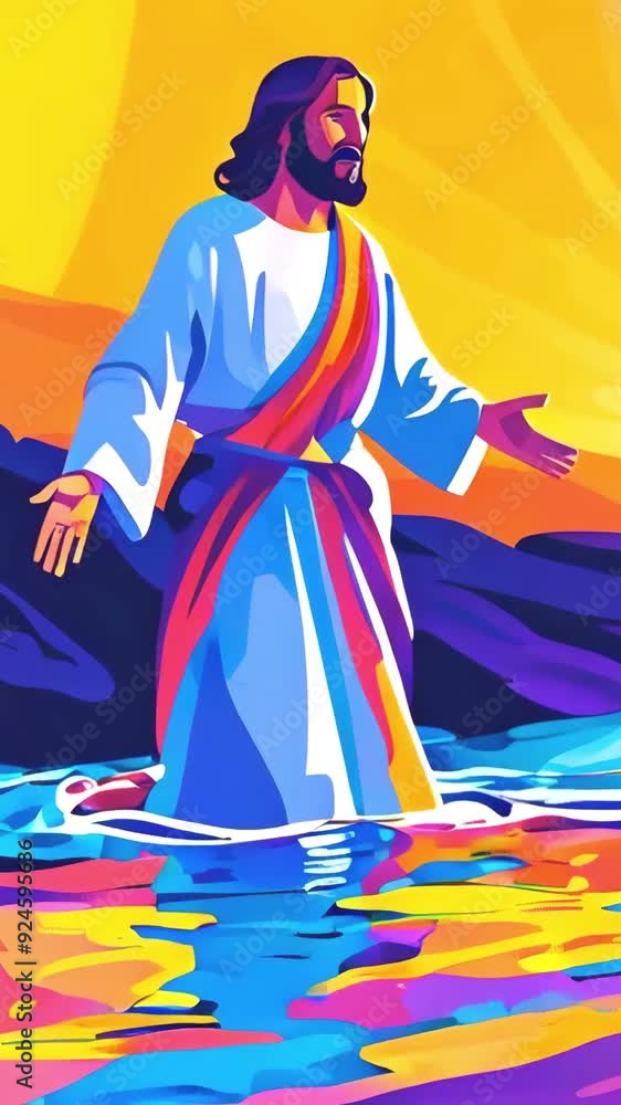 Baptism of Jesus Christ with a halo and sunlight in the Jordan River ...