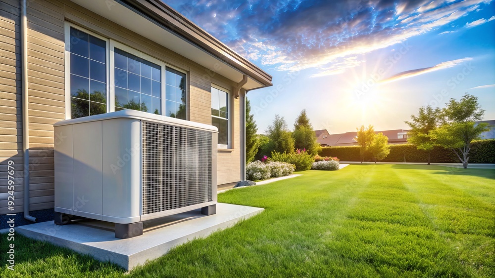 Modern outdoor unit of a residential air conditioning system installed ...