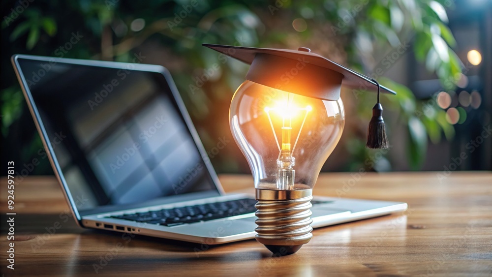 ภาพประกอบสต็อก Illuminated light bulb with graduation hat icon represents innovative online ...