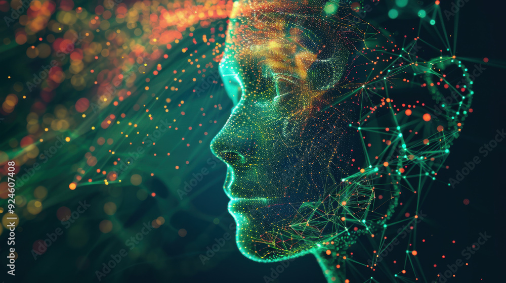 Digital human face in profile composed of glowing points in futuristic ...